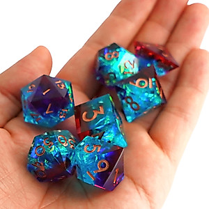 FOXBITE Sharp Dice 7 DND Dice Sets Polyhedral Teal Swirl Black with Sequins Inside with Gorgeous Box Case for DND Dungeons and Dragons (Teal Swirl Black with Sequins) (Fairies)
