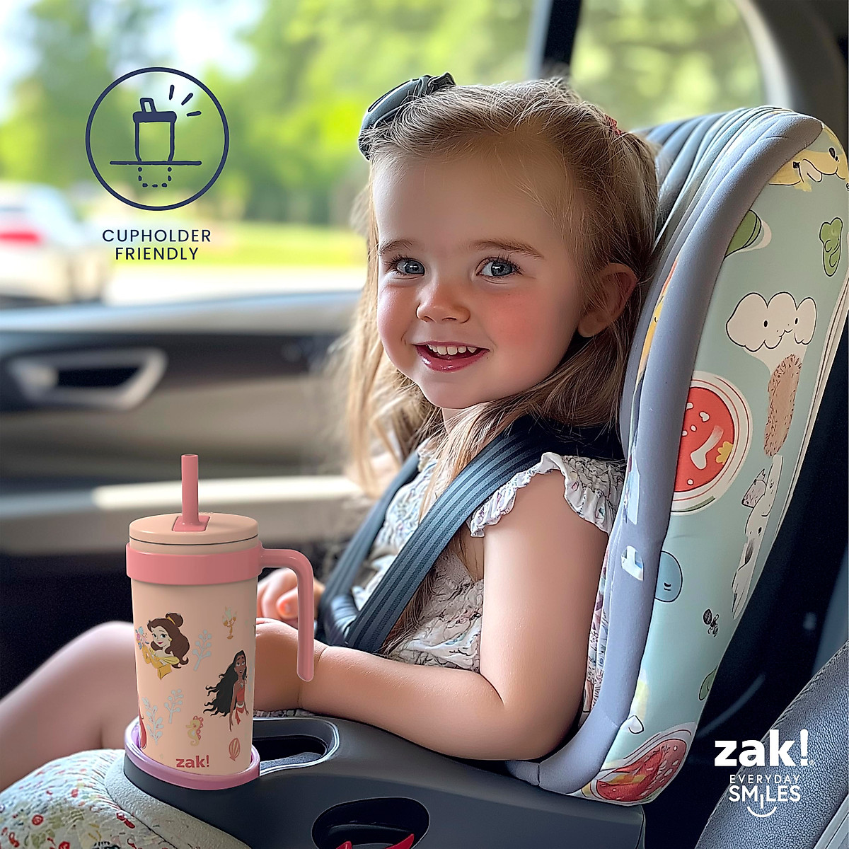 Zak Designs Disney Princess Fairway Travel Tumbler for Home or On the Go, 18oz Stainless Steel with Vacuum Insulation, Spillproof Straw, and Handle (Ariel, Belle, Cinderella, Jasmine, Moana, Tiana)