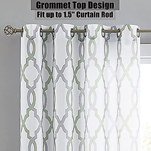 Geometric Semi Sheer Window Curtain Panel Pairs with Moroccan Grey and Green Trellis Print Canvas Fabric for Kids Room Grommet Top Long Window Drapes for Living Room Bedroom, 54×95 Inch, Grey/ Green