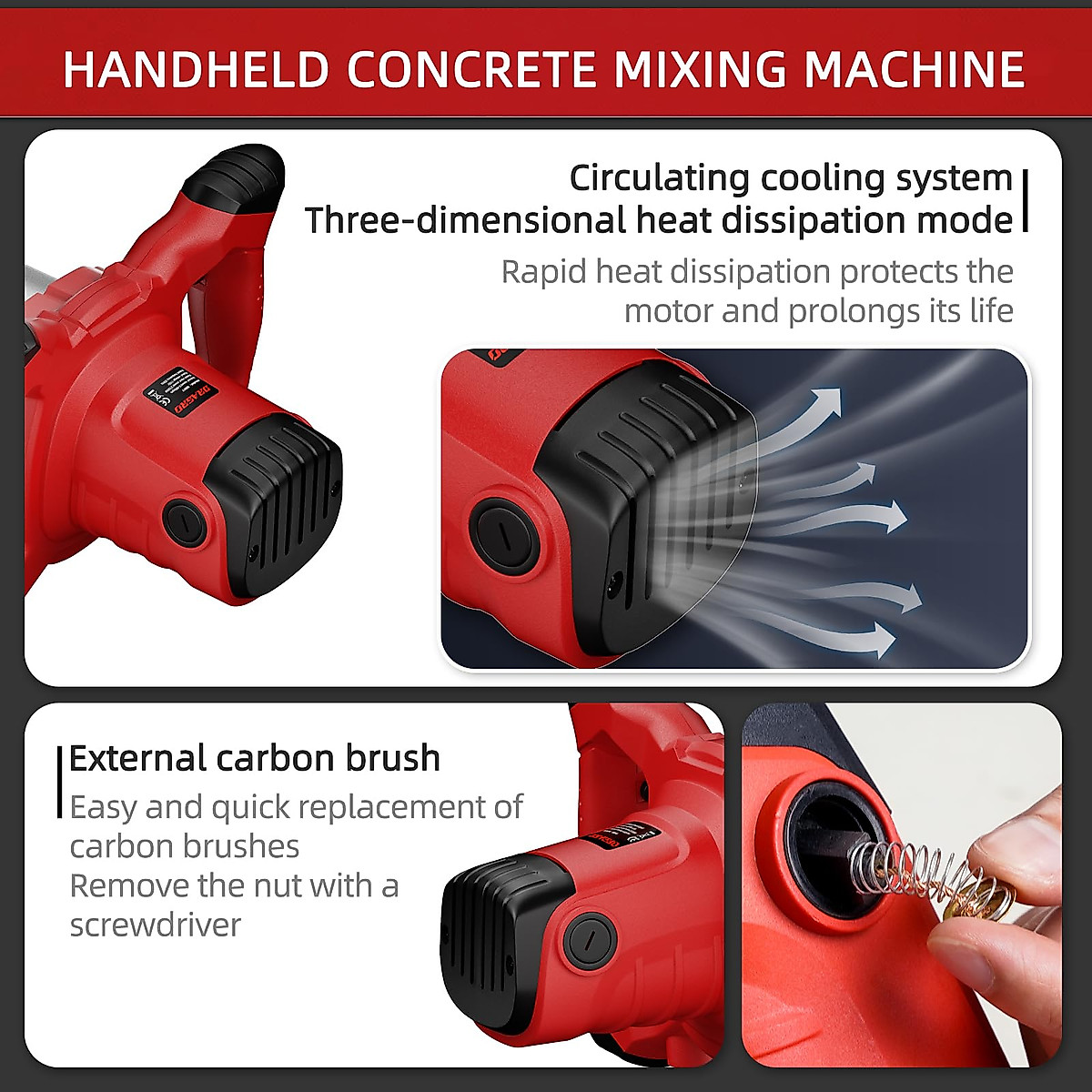 Dragro Electric Cement Mixer, 2100W Handheld Concrete Mixer with 6 Speed，Portable Mortar Mixer for Mixing Mud, Mortar, Plaster,Cement, Paint, Fodder，2 Pieces Mixing Heads