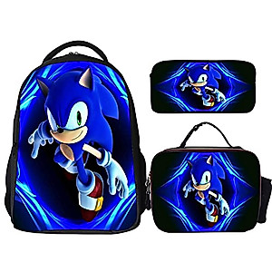 Lyzelre Anime Boy Backpacks Sets, Cartoon Laptop Backpack Printed Schoolbag 3 piece for Girls Boys Teens Elementary Middle School Bookbag Combo Set with Lunch Box and Pencil Bag