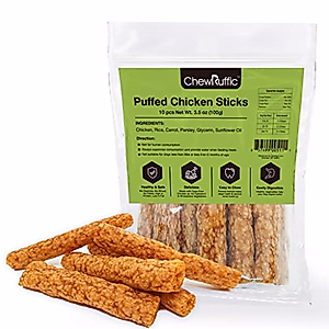 ChewRuffic Chicken Dog Chew Sticks, Puffed Human Grade Dog Treat Sticks, Rawhide Alternative, Easy to Digest 10pcs/Pack