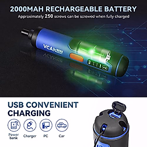 VCANENERGY 4V Electric Screwdriver,2000mAh USB Rechargeable Battery,Cordless Power Screwdriver with LED Light,Adjustable Torque,38 in 1,Suitable for small projects