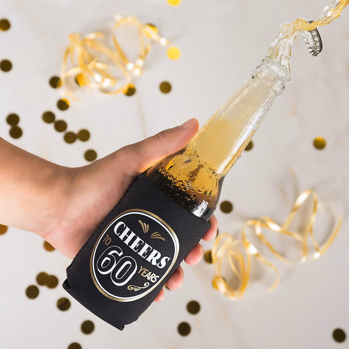 Prazoli Cheers to 60 Years Beer Can Coolers (12 Pack) - 60th Birthday Party Decorations & Supplies - Black & Gold | Perfect Men Anniversary Coolers Set for Parties