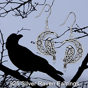 Raven Earrings 925 Sterling Silver Crescent Moon Crow Witchy Dangle Earrings Halloween Jewelry Gifts for Women