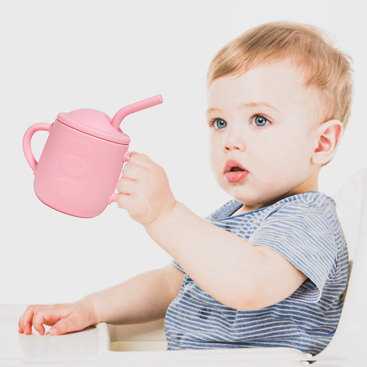 VOTSUPKITDINOK 100% Silicone Baby Training Cup,Infants Toddler Cup With Straw Spill Proof Soft Sippy Cup With Handles,5oz,6+ Months,BPA-Free(Pink)