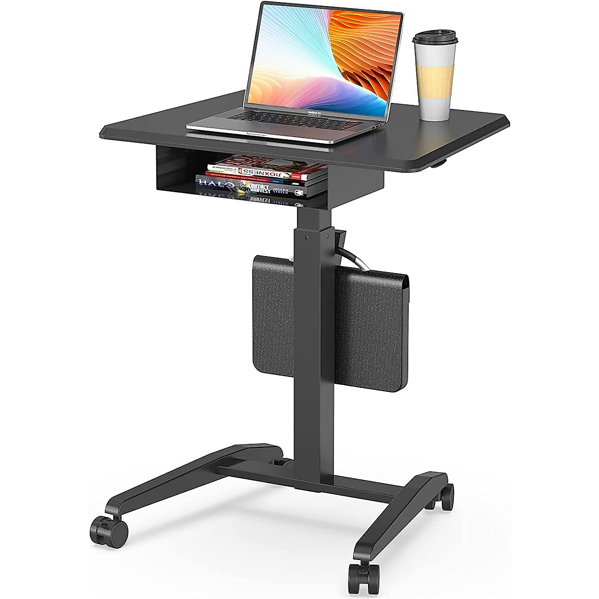 JOY worker Height Adjustable Rolling Laptop Desk with Shelf,Mobile Standing Desk,Pneumatic Mobile Laptop Table with Wheels for Couch Home Office School,Holds Up to 22lbs,Black