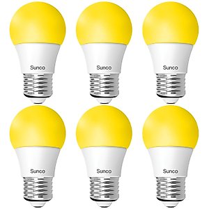 Sunco LED Bug Light Bulbs Outdoor A15 Yellow Bug Repellent Porch Light 8W Dimmable 2000K Amber Glow, E26 Medium Base, Instant On, Flicker Free, UL Listed 6 Pack