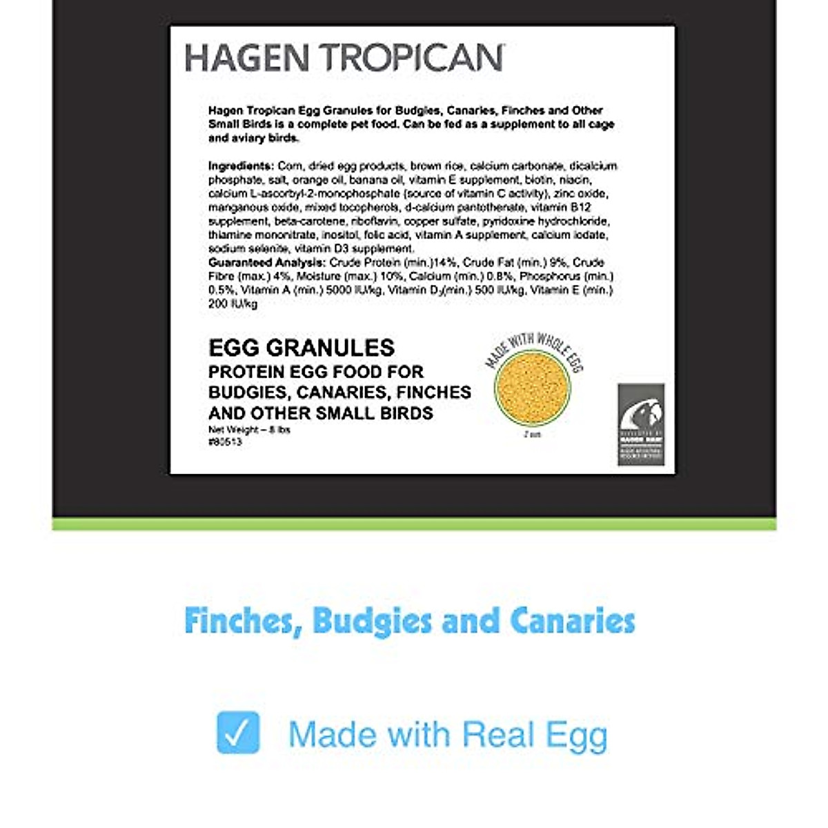 HARI Tropican Bird Food for Finches, Budgies, And Canaries, Hagen Parrot Food with Egg Granules, 8 lb Bag