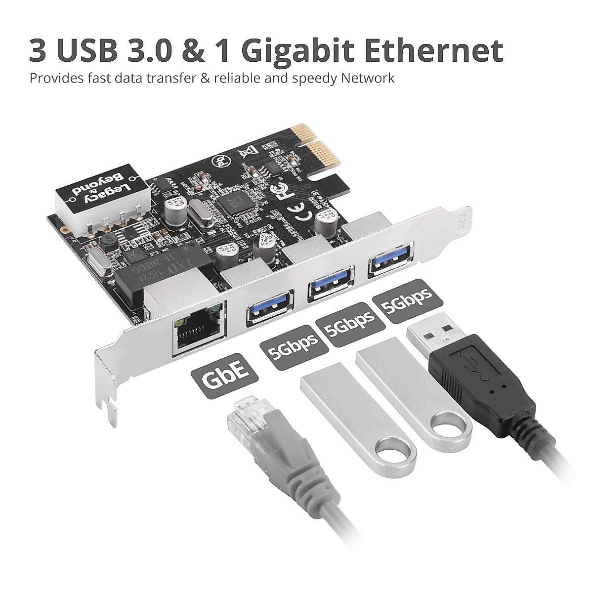 SIIG 3 Port PCI Express USB 3.0 Adapt Card + Gigabit Ethernet LAN - Standard & Low - Profile Windows Server,7,8,8.1,10 PCsPCs (LB-US0614-S1)