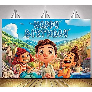 ZEADERS Luca Theme Party Supplies Photography Backdrop Baby Happy Birthday Party Banner Photo Background Cake Table Decoration for Indoor Outdoor Living Room Yard