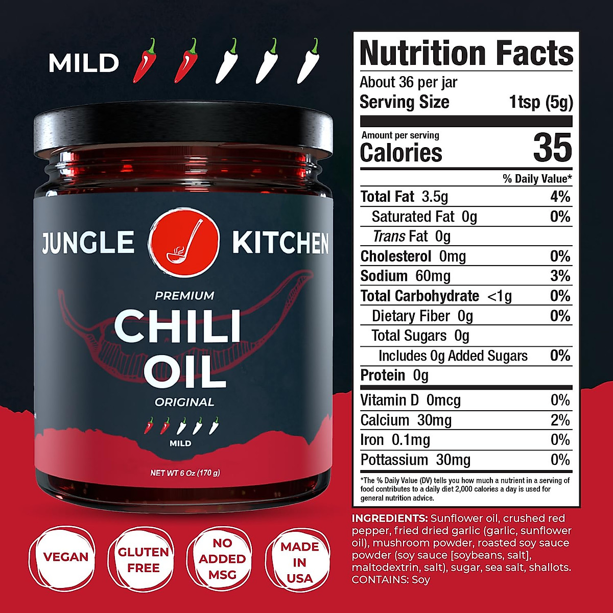 Jungle Kitchen Crunchy Garlic Chili Oil Chili Crisp Oil Vegan & Gluten-Free for Meats, Stir Fry, Vegetables, 6oz