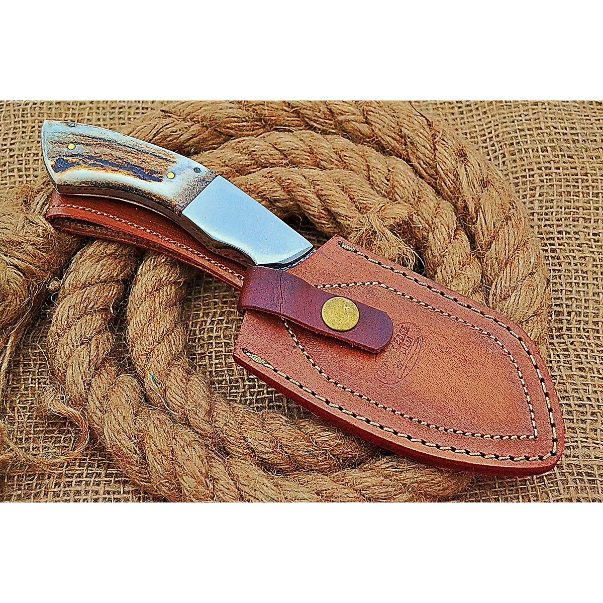 HUNTEX Handmade Hand-Forged Twist Pattern Damascus Steel 9 Inch Long Full Tang Natural Deer Antler Handle Razor Sharp Hunting Camping Cleaver Knife w/Genuine Leather Sheath