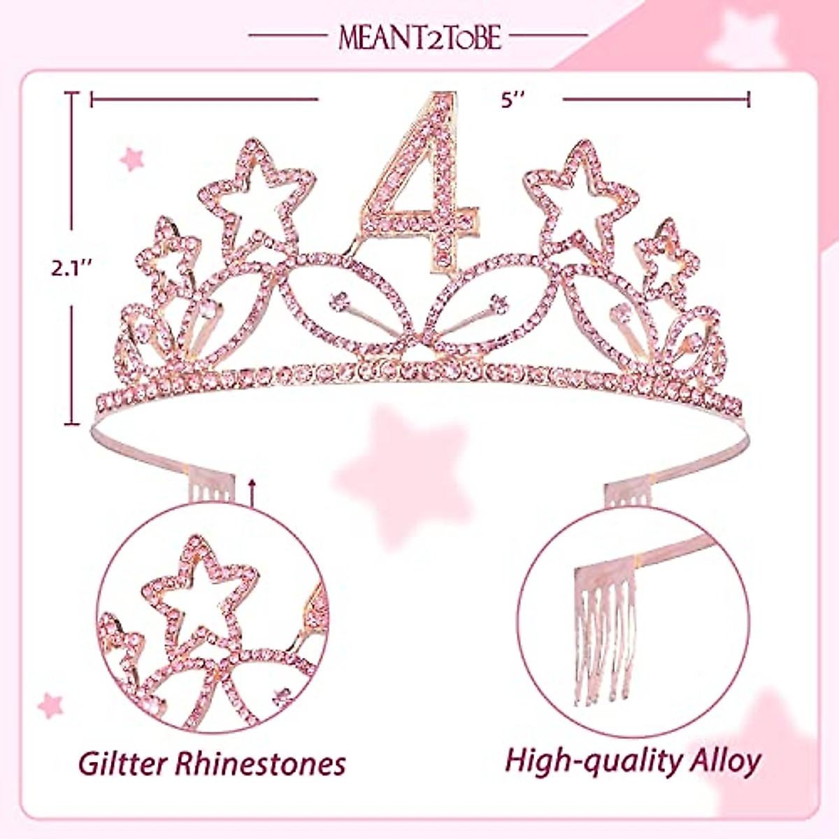 MEANT2TOBE 4th Birthday Sash and Tiara for Girls - Fabulous Glitter Sash + Stars Rhinestone Pink Premium Metal Tiara for Girls, 4th Birthday Gifts for Princess Party