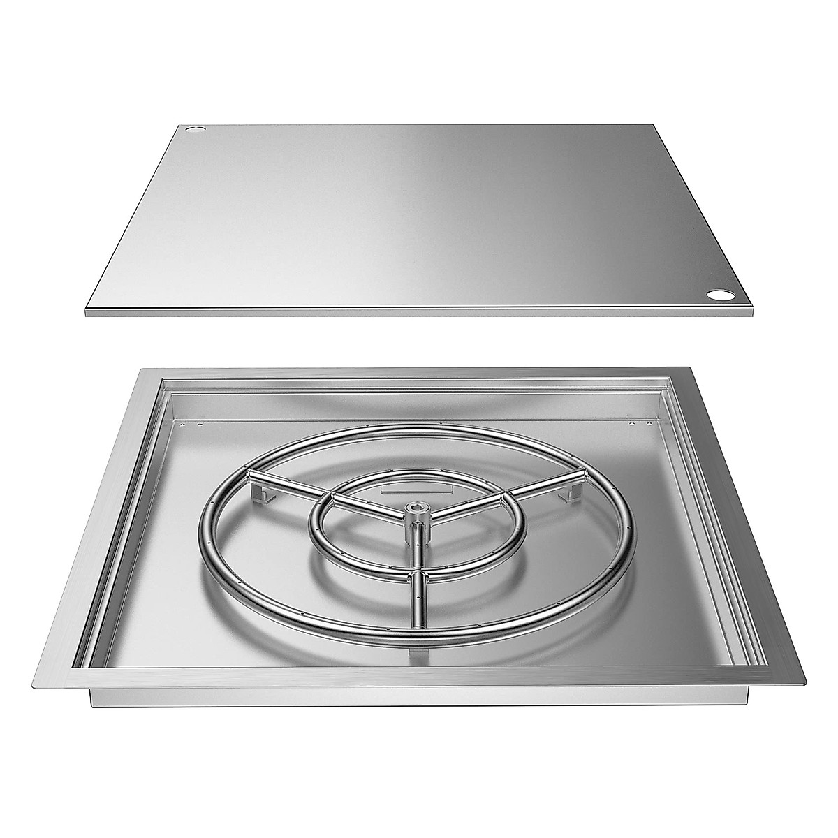 Skyflame 24" x 24" Square Stainless Steel Drop-in Fire Pit Kit with Fire Pit Burner Pan, Fire Burner Ring and Protective Lid, Suitable for Indoor or Outdoor DIY Firepit