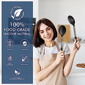 HOTEC Heat Resistant Large Silicone Cooking Spoon, Solid Slotted Spoons, Nonstick Kitchen Cookware Utensils, Mixing, Serving, Stiring Large Spoons, Black