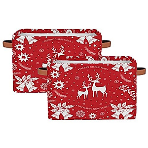 Cute Christmas Decor Storage Basket Bins Cubes Organizer Xmas Red and White Deer Foldable Storage Box with Leather Handles Collapsible Closet Storage Bins for Shelves Kids Toys Closets Nursery Bedroom