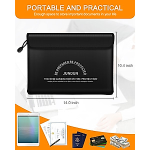 JUNDUN Fireproof Document Bag with 5200℉ Heat Insulated,14.0”x10.4” Waterproof and Fireproof Money Bag,8 Layers Thickened Fire Safe Storage Bag Pouch with Zipper for Document,Money,Black and Large