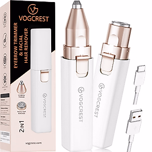 VOGCREST Hair Trimmer, 2 in 1 Facial Hair Remover & Eyebrow Trimmer for Women - Rechargeable, Portable, LED Light (White)