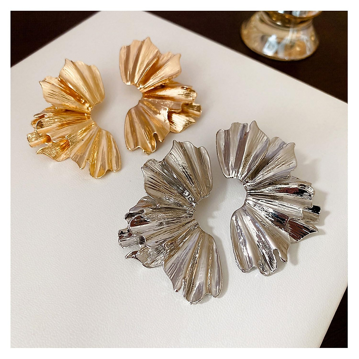 Large Geometric Dangle Earrings for Women Bohemian Ginkgo Leaf Dangling Earrings Exaggerated Metal Sectored Geometric Earrings for Women (silver)