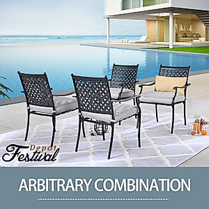 Festival Depot 8-Piece Outdoor Patio Furniture Outdoor Wrought Iron Dining Chairs Set for Porch Lawn Garden Balcony Pool Backyard with Arms and Cushions (8Pcs, Grey)