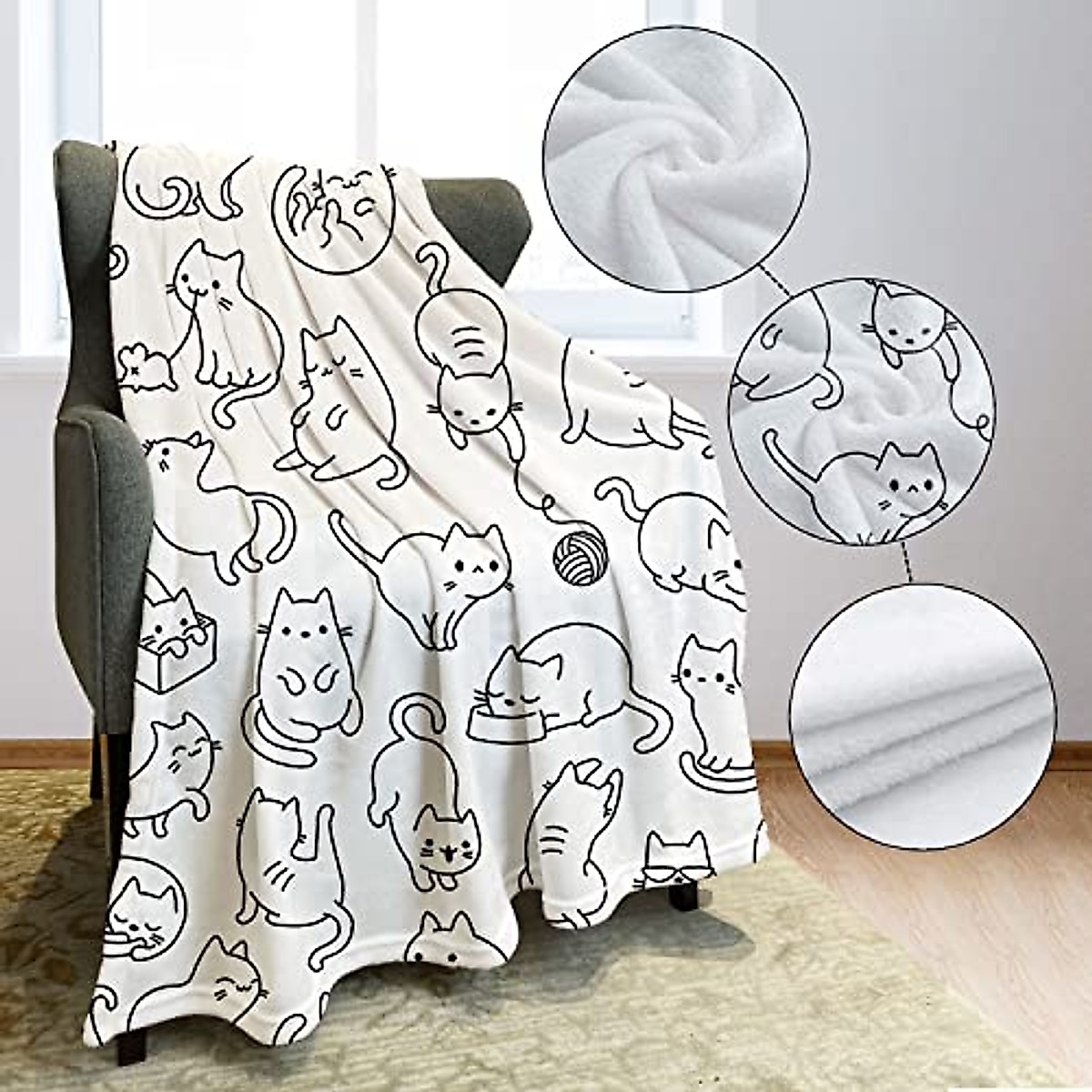 YISUMEI White Cat Throw Blanket Simple Strokes of Cats Playing Fleece Blanket Soft Warm Cozy for Kids Adult Gifts 60"x80"