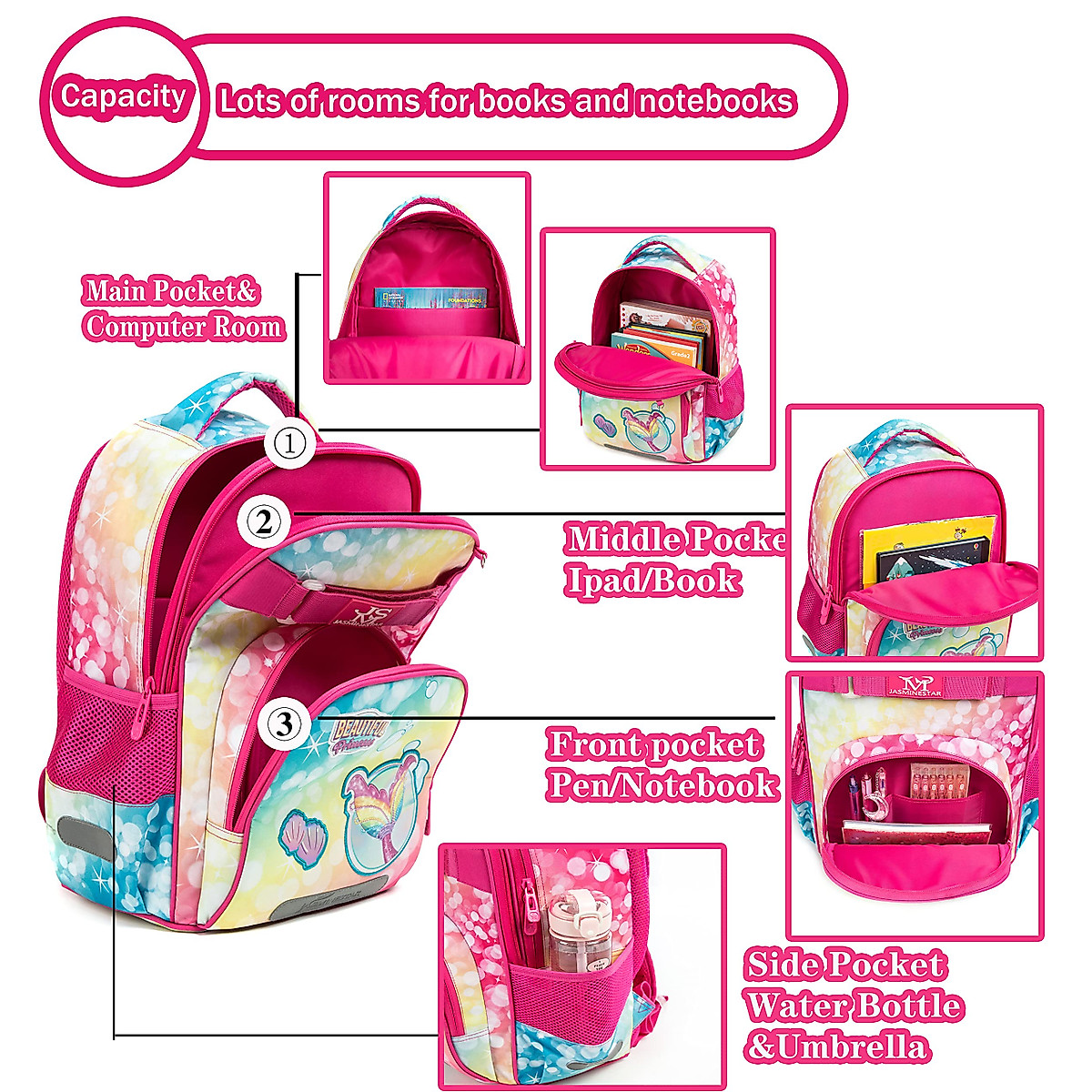 School Girls Boys Kids Backpack for Preschool Kindergarten Elementary School Backpack for Girls Boys Kids Lightweight and Multi functional Heavy Duty carry on Backpack with Lunch Bag Mermaid