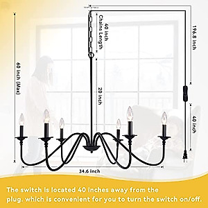 HOXIYA PRE-ASSEMBLED Plug in Chandelier, 34.6" Black Chandelier with Long Cord Farmhouse Chandelier Modern Hanging Light, Outdoor Lights for Gazebo Chandelier Rustic Industrial for Living Room Bedroom