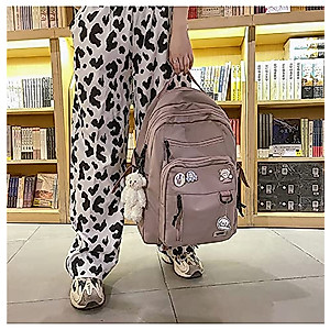 MQUN cute aesthetic backpack laptop black backpack middle school student schoolbag bear pin schoolbag