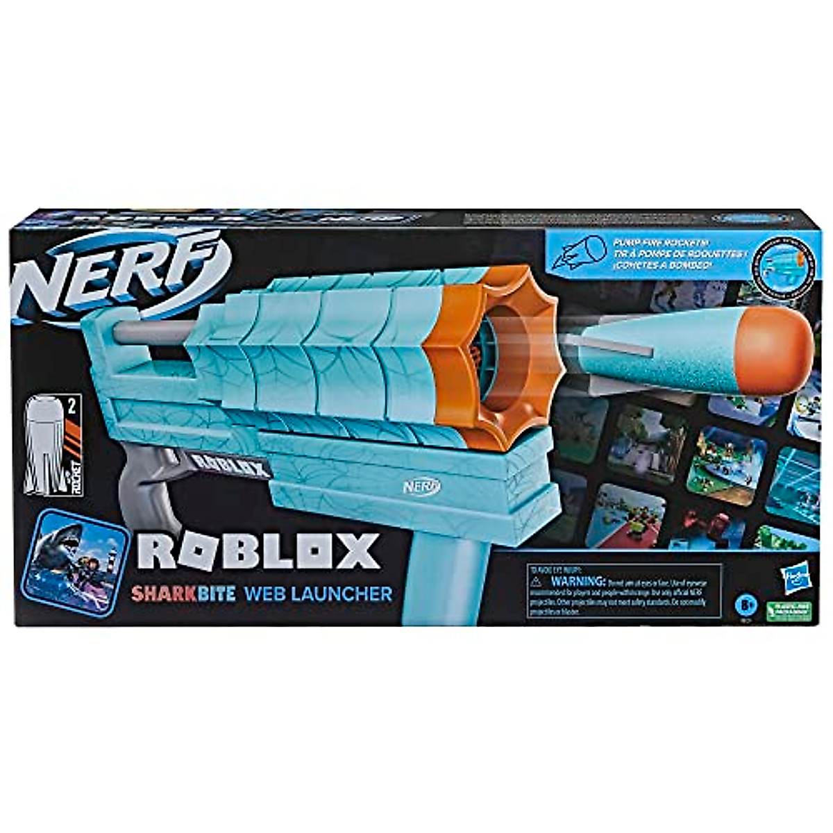 NERF Roblox Sharkbite: Web Launcher Rocker Blaster, Includes Code to Redeem Exclusive Virtual Item, 2 Rockets, Pump Action