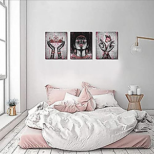 Visual Art Decor African American Canvas Wall Art Black Woman Portrait Fashion Gold Rose Pink Necklace Bracelet Queen Crown Butterfly Painting Giclee Prints Framed Poster for Home Living Room Bedroom Girl Gift Decortion (16x20x3)