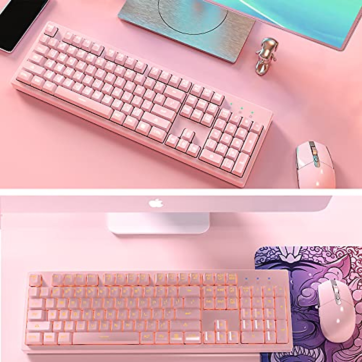 KECOP Baby Pink USB Wire Keyboard with Rainbow LED Backlight Full 104 keys Water-Resistant Mechanical Feeling Game Keyboard for Desktop, Computer, PC (Baby Pink)