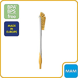 MAM Baby Bottle Cleaning Brush, Soft Brush Baby Bottle Cleaner, BPA-Free Rubber Cleaning Brush for Bottles and Cups, Yellow/White, 1-Count