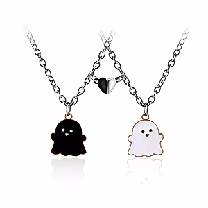 2Pcs Lovely Magnetic Love Heart Ghost Pendant Necklace Set for Women Men Friend Girl Boy Teen Enamel Mutual Attract Magnet Couple Matching Necklace Halloween Jewelry Birthday BFF Gift-A black white