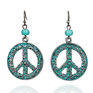 Antique Vintage Bronze Round Peace Love Sign Symbol Hook Earring Carving Filigree Flower Drop Earring Women Jewelry (Retro Blue)