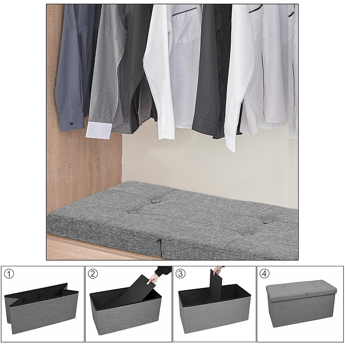 CAROLMADE 30 Inches Storage Ottoman Bench with Flipping Lid, Linen Foldable Storage Footrest, Ottoman with Storage for Living Room Holds up to 330lbs, Light Grey