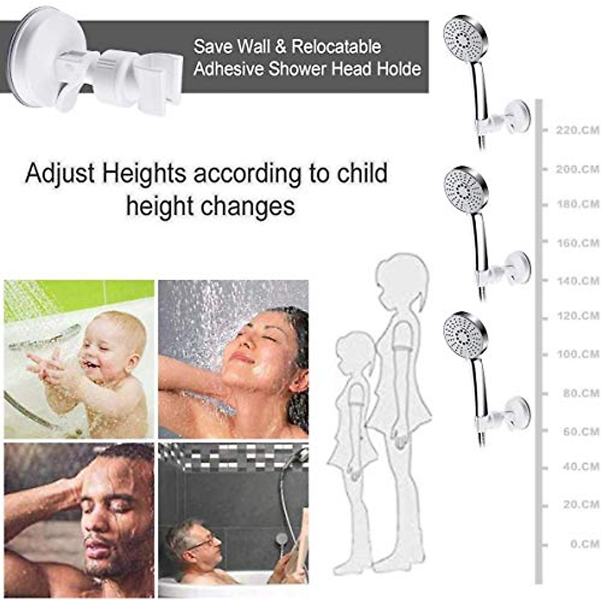 Suction Cup Shower Head Holder Handheld Shower head Bracket Adjustable Height Shower Holder, Removable Handheld Wand holder Wall Mounted Suction Bracket