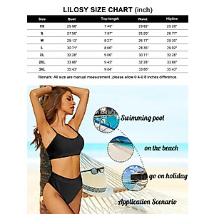 Lilosy High Waisted Tummy Control Bikini Ribbed Sporty Brazilian Swimsuit Set Women Highwaisted Cheeky Cut Leg Rise Bottom Crop Push Up Top 2 Piece Bathing Suit Black Medium