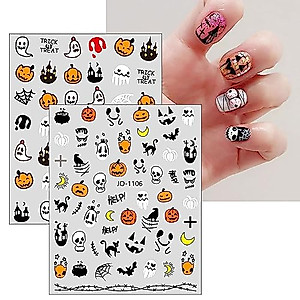 JMEOWIO 9 Sheets Halloween Nail Art Stickers Decals Self-Adhesive Pegatinas Uñas Pink Skull Ghost Witchy Spider Web Pumpkin Spook Nail Supplies Nail Art Design Decoration Accessories