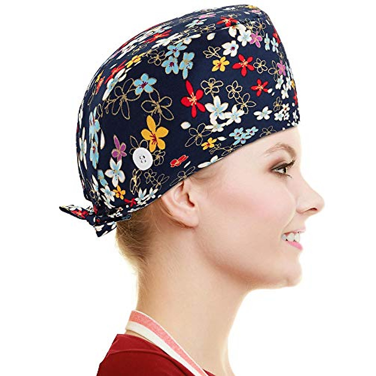8 Packs Gourd-Shaped Working Cap with Buttons Sweatband Adjustable Hats Tie Back Hats Headwear Printed for Women Men, Multicoloured, Medium
