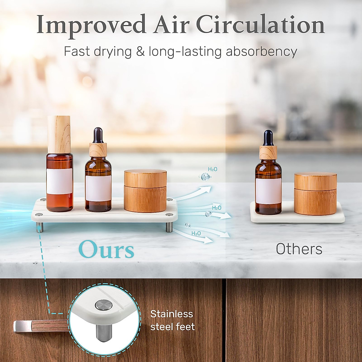 Plentio 2PCS Longer Water Absorbing Stone Tray for Sink, Quick Drying Stone Sink Tray, Diatomite Sponge Holder & Soap Dish for Counter, Instant Dry Sink Caddy Kitchen Sink Organizer, White