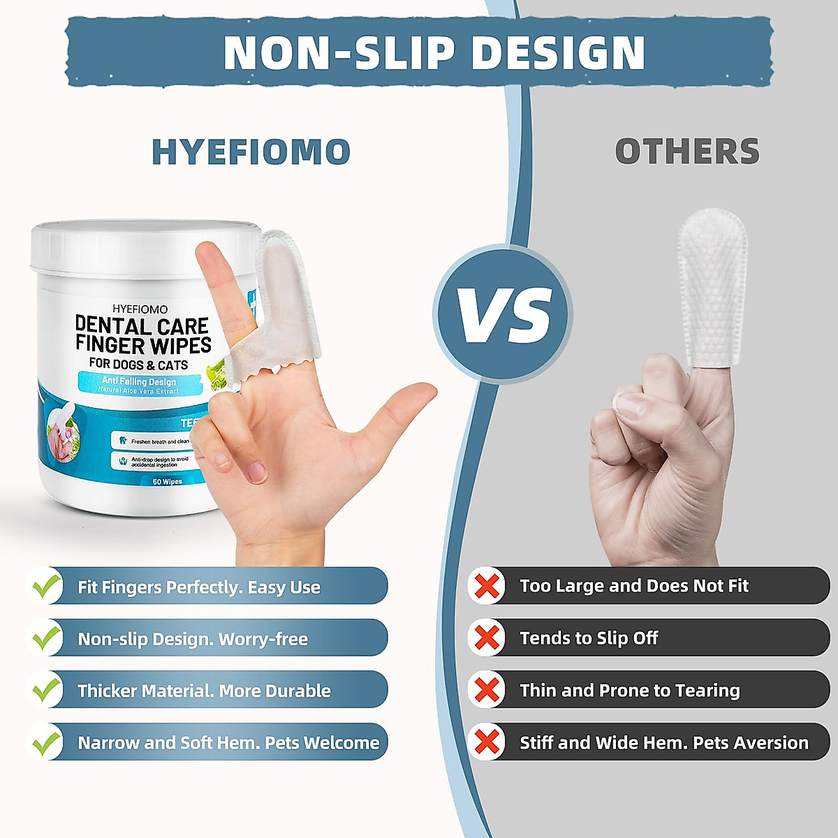 Hyefiomo Dog & Cat Teeth Cleaning Finger Wipes - Non-Slip Design Dental Care Wipes - Reduce Plaque & Tartar and Freshen Breath - Double-Sided Durable Material (50 Pcs)