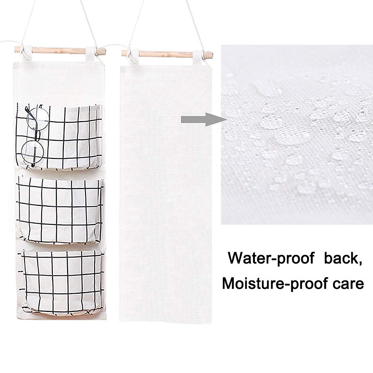 2 Pcs Dndo Wall Door Closet Hanging Storage Bag, Over The Door Closet Organizer with 3 Pockets, Linen Cotton Fabric Hanging Storage Pouches for Bedroom Bathroom- Waterproof & Stylish (Gray/White)