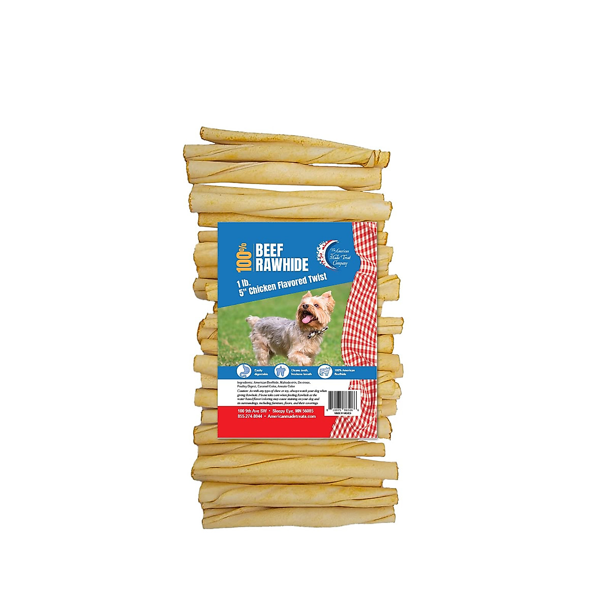 American Made Treat Company 0506 U.S.A. Beefhide Chicken Basted Twist Sticks, Digestive and Protein Rich Rawhide Chicken Flavored Sticks for Improving Dental Health, 5" in Size, 1 Pound Pack.