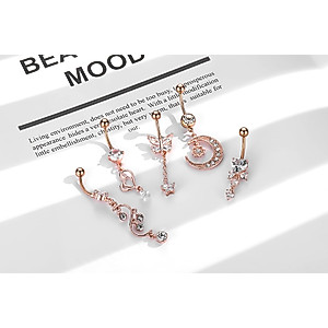 Dangle Belly Button Rings for Women Men, 5 Pcs 14G Surgical Stainless Steel CZ Drop Belly Rings | Long Cubic Zirconia Navel Rings Dangle Reverse Curved Barbell Body Piercing Jewelry (Rose Gold)