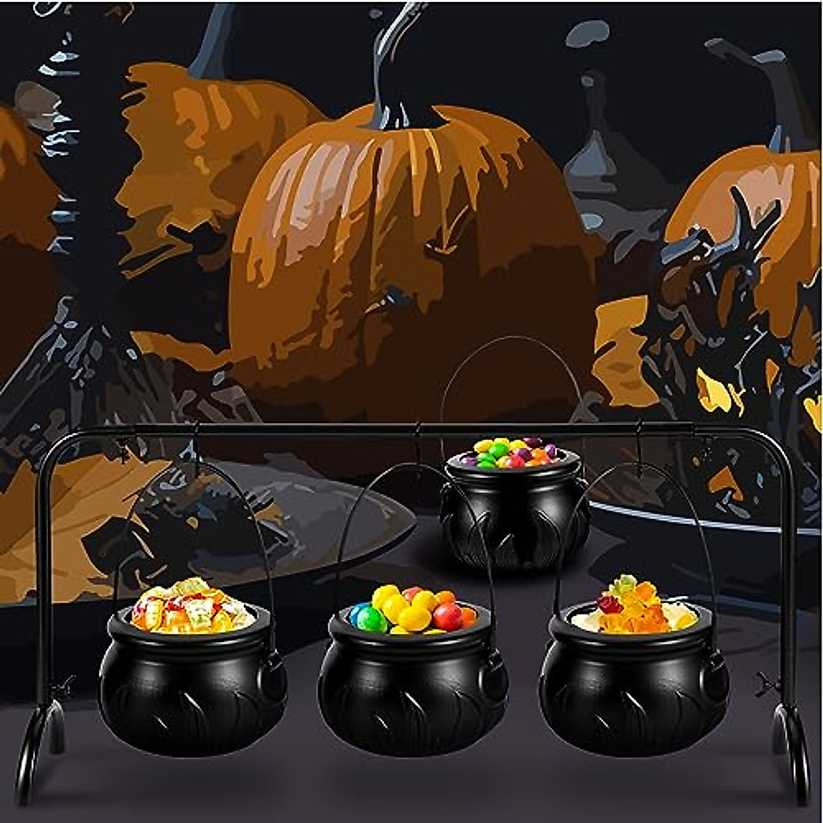 Tanlade Halloween Witch Cauldron, 3 Pcs Candy Serving Bowl on Rack with 3 Black Plastic Cauldron Bowls, Spooky Candy Bucket Punch Bowls for Halloween Party Table Home Decoration(Black)