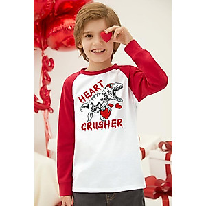 Valentine's Day Toddler Boys Girls White Dinosaur Heart Crusher Top Raglan Long Sleeve Shirt 1-2 Years