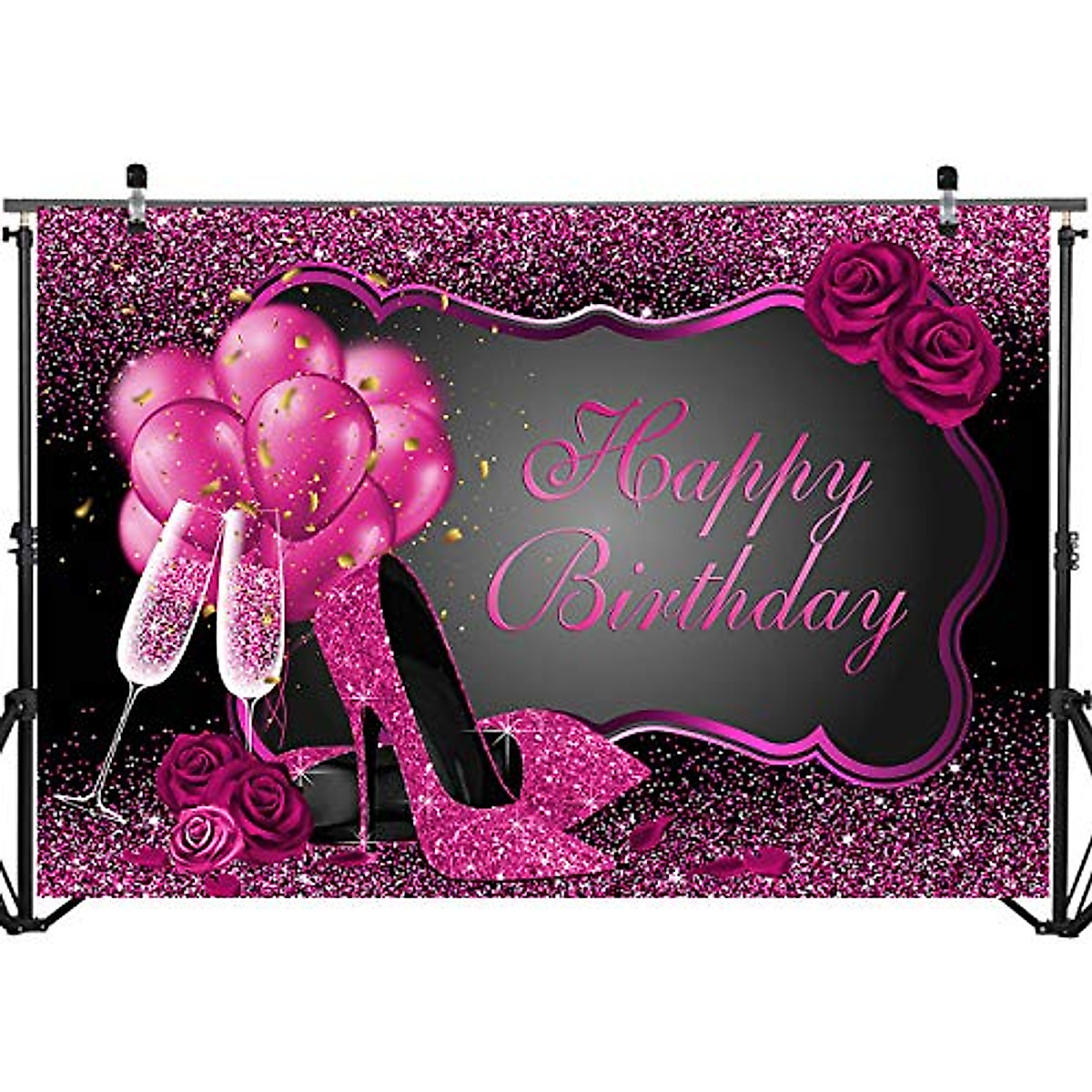 Mocsicka Pink Glitter Women's Birthday Backdrop Pink Champagne Balloons Roses Birthday Party Decorations Photography Background Sweet Girl's Birthday Photo Backdrops (7'x5')