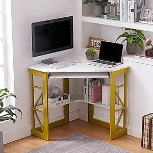 VECELO Corner Desk Computer Desk Writing Table with Smooth Keyboard Tray & Storage Shelves,Compact Home Office Triangle Table,Gold & White