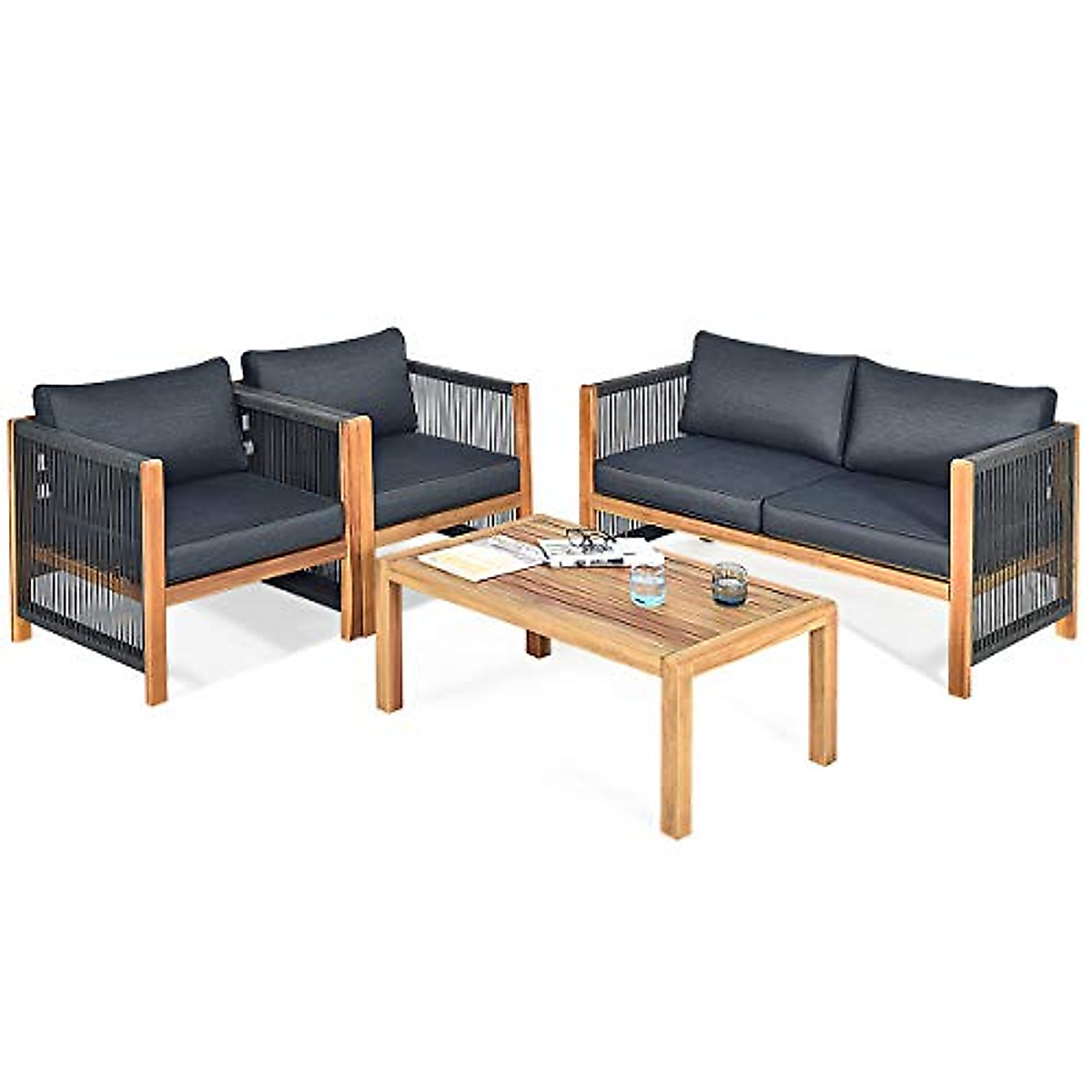 Tangkula Outdoor Wood Furniture Set, Acacia Wood Frame Loveseat Sofa, 2 Single Chairs and Coffee Table, 4 Pieces Conversation Set with Cushions, Garden Balcony Poolside Outdoor Living Set (1, Grey)